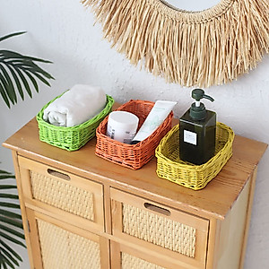 Rectangle Small Wicker Baskets for Sundries 3pcs Storage Bins (Colorful)