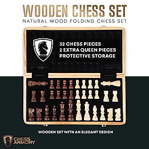 Chess Armory Wooden Chess Set with Free Online Chess Course - 15 Inch Portable Travel Chess Board Game for Adults and Kids - Home Use and Educational Chess School and Chess Club Tournaments