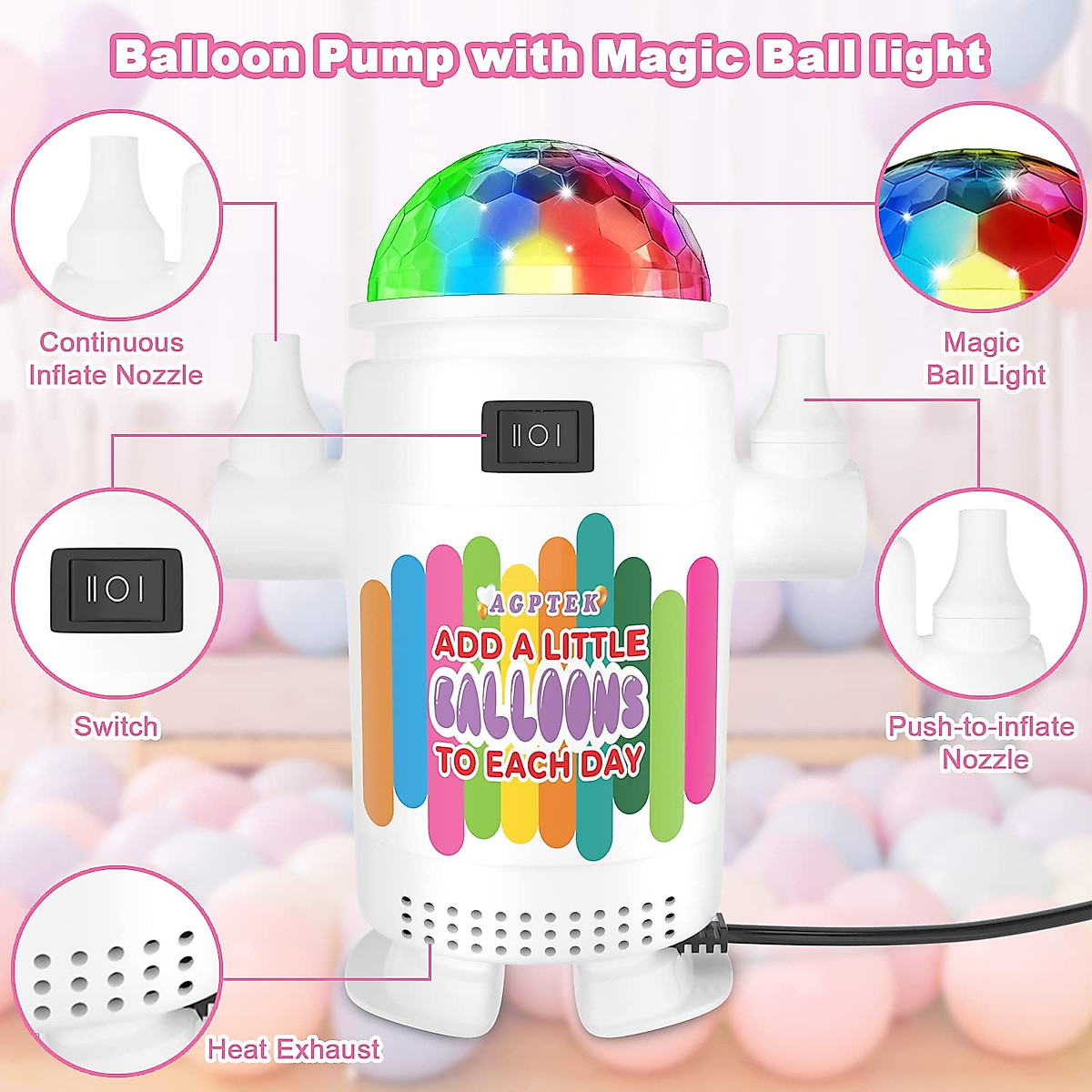 Air Balloon Pump, AGPTEK Electric Blower Pump with Dual Nozzles, Portable Balloon Blower Pump for Inflation with LED Magical Ball Light for Decoration and Party