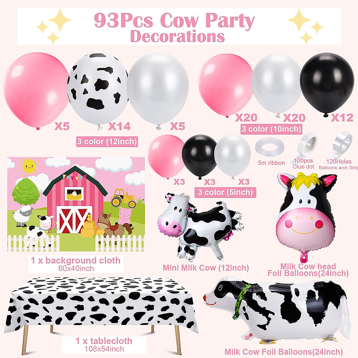 Winrayk Cow Birthday Party Decorations Supplies Farm Pink Cowgirl Cow Print Balloon Arch with Farm Backdrop Cow Print Tablecloth Cow Balloons Cow Print Party Decorations Kids Cow Birthday Decorations