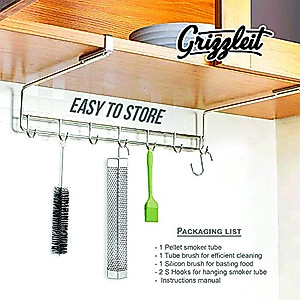 GrizzleIt Pellet Smoker Tube - 12 inches 304 Stainless Steel Smoke Tube for Hot or Cold Smoking - 5 hours of billowing Smoke - Includes 2 S-Shaped Hooks, Silicon Buttering & Cleaning Brush