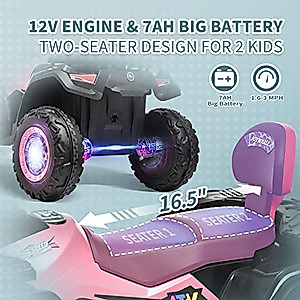 Joywhale 12V 2 Seater Kids Ride on ATV Car Battery Powered Electric Quad for Kids Ages 3-8, with DIY Sticker, 7AH Battery, Metal Suspension, Bright Headlights, Music, FM, Rear Pedal & Backrest, Pink