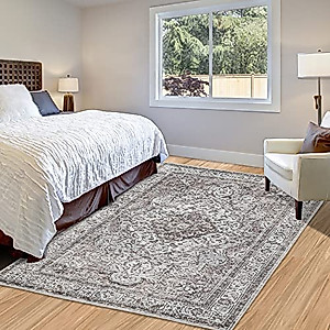 RUGSREAL Area Rug 8' x 10' Machine Washable Persian Rug Traditional Rug Indoor Floor Cover Distressed Carpet Rug Velvet Mat Foldable Accent Rug for Living Room Bedroom Dining Room, Ivory/Taupe