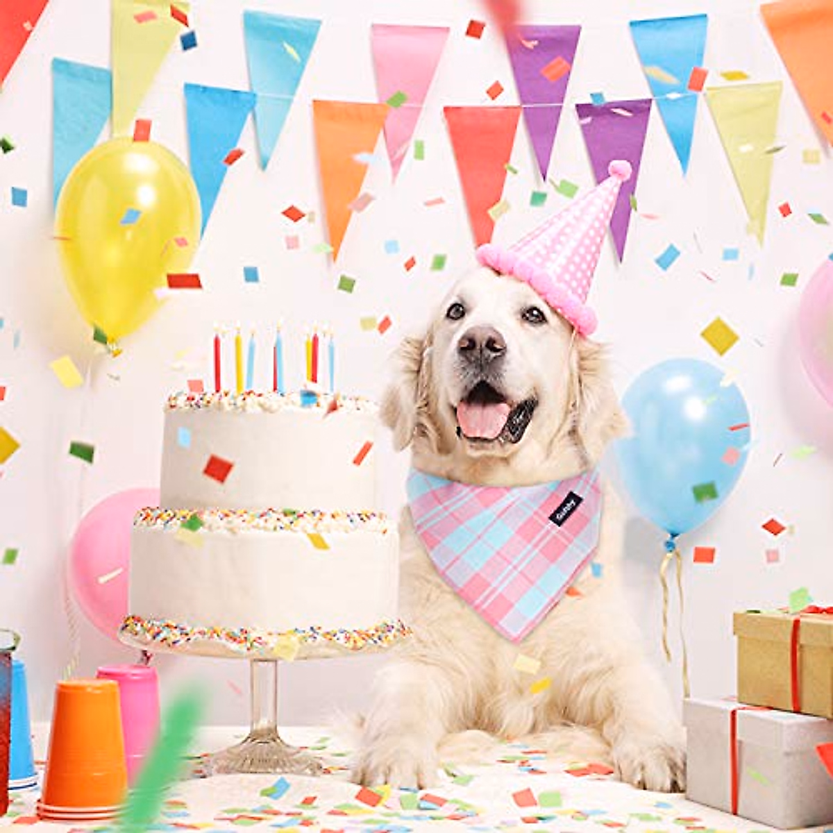 Gofshy Dog Bandanas-5PCS Birthday Gift Puppy Bandana Vibrant Color Plaid Printing Adjustable Dog Scarf Bib Handkerchief Accessories for Medium Large Dog Pet