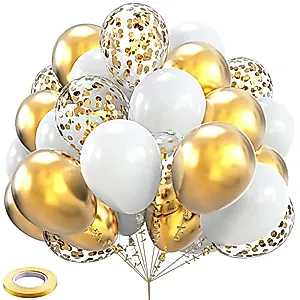 Gold Balloons 60 Pack 12 inch Matte White Metal Gold and Confetti Latex Globo Balloon Bulk with 33 Ft Gold Ribbon for Wedding Birthday Party Graduation Engagement Bridal Shower Decorations