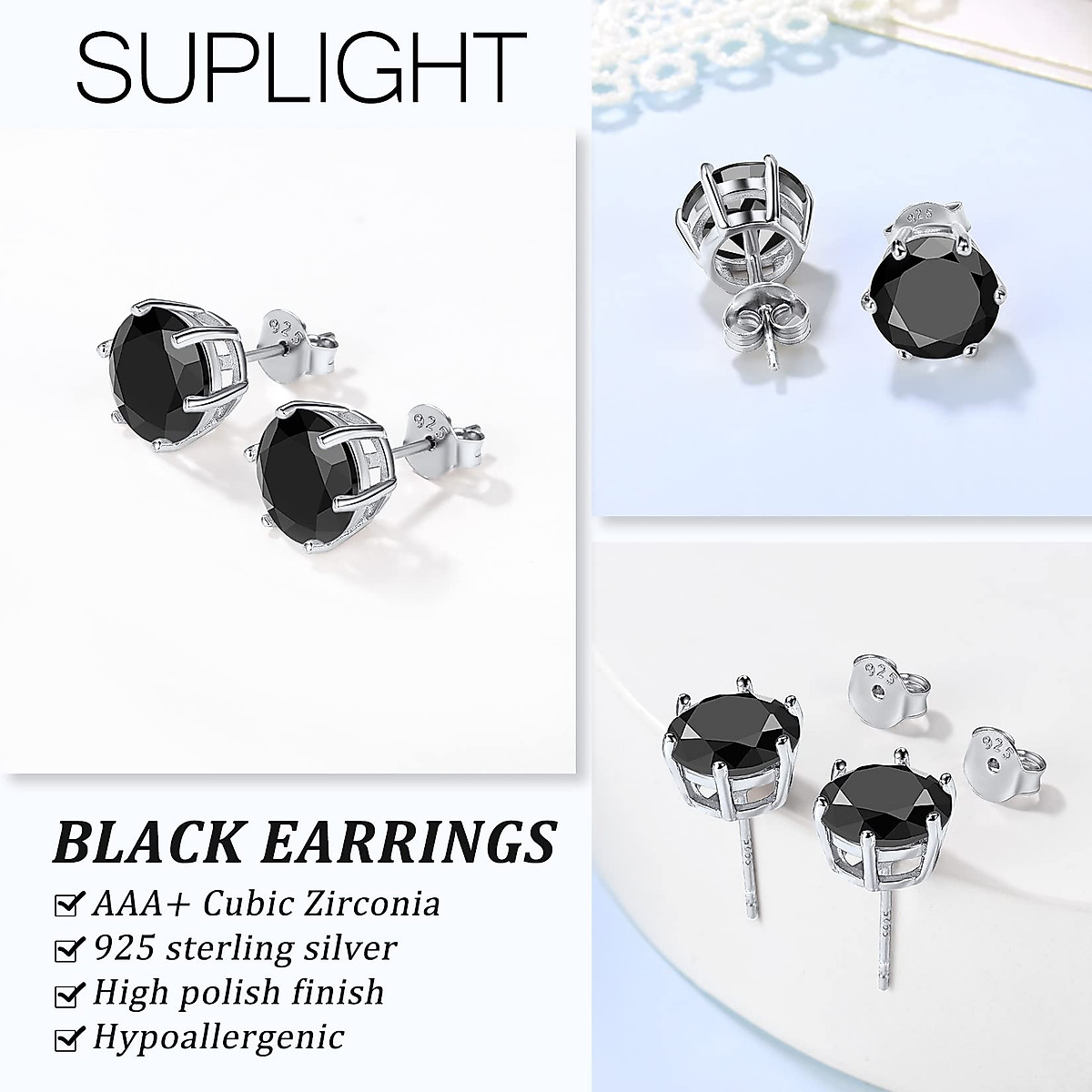 Suplight Womens Mens Earrings 925 Sterling Silver Black Cubic Zirconia Stud Earrings for Women 9mm