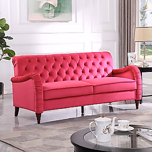 Yoglad Chesterfield-Styled 3 Seater Sofa Couch, Modern 72" Velvet Sofa with Button Tufting, Unique Arm and Wood Legs,Rose Red