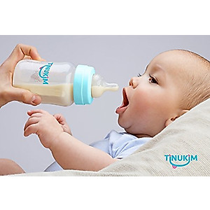 Tinukim iFeed 4 Ounce Self Feeding Baby Bottle with Tube - Handless Anti-Colic Nursing System, Blue - 2-Pack