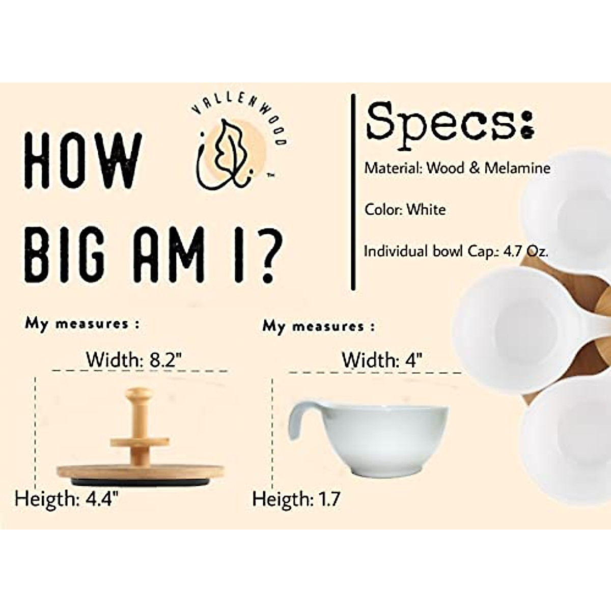 VALLENWOOD 6 Melamine Appetizer Serving Bowls with Bambo turning Tray. Reusable Non Disposable plates. Partys. Kawaii, Veggie, Cute. Sectioned Platter. Vegetables. Chip And Dip, Entertaining