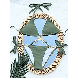 CHARTOU Women's Trendy 2 Piece Triangle Bikini Set Rhinestone Halter Bathing Suit Swimsuit (Small,Green2)