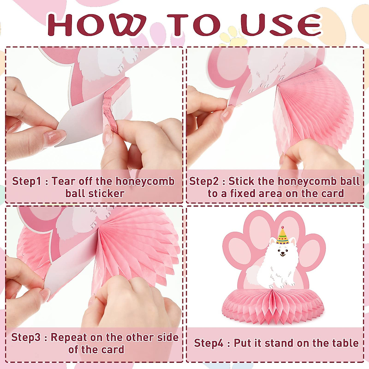 Ferraycle 8 Pcs Dog Themed Party Table Decorations Pink Dog 3D Honeycomb Centerpieces Dog Birthday Party Supplies Dog Centerpieces Decorations for Puppy Paw Print Birthday Supplies Baby Shower