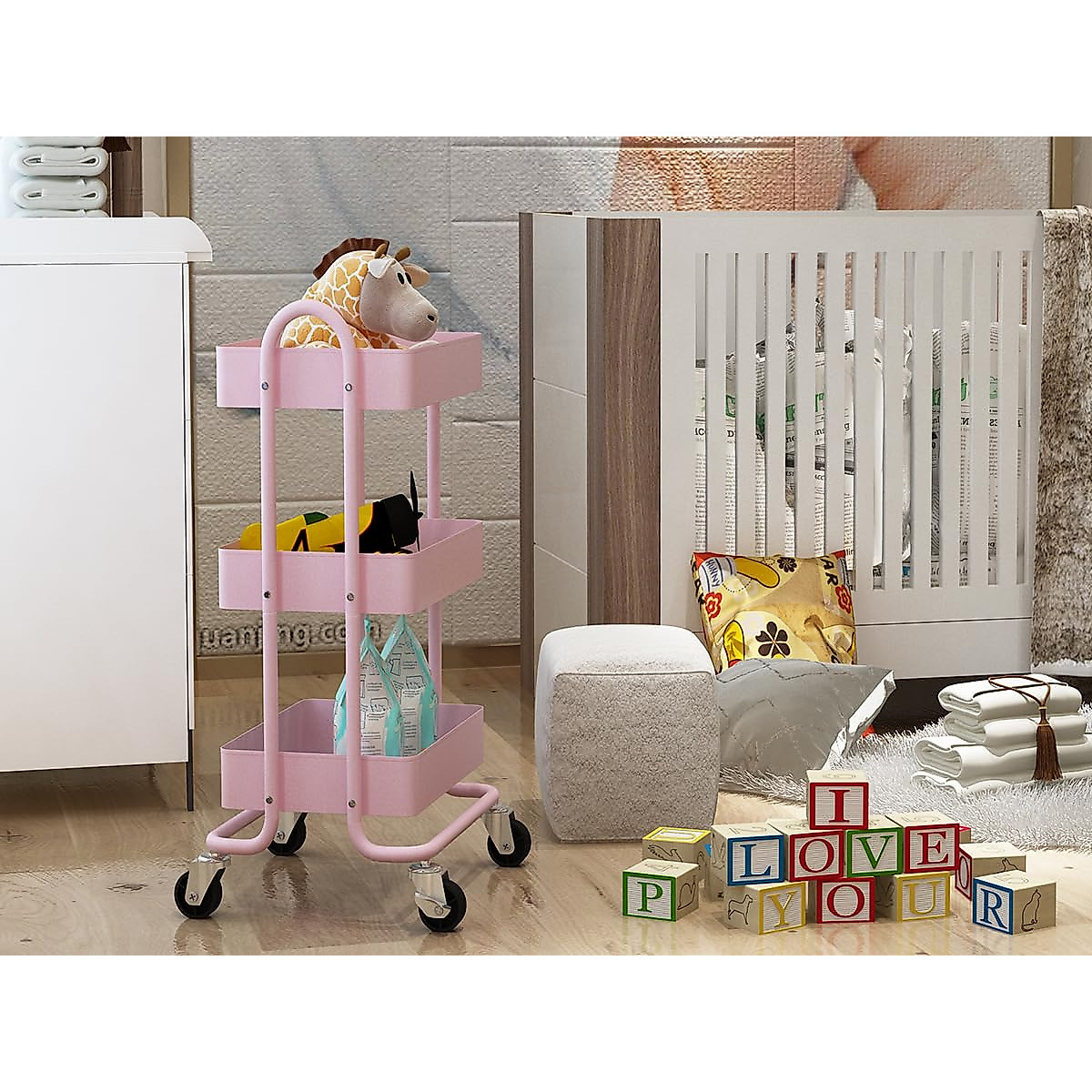 MIOCASA 3-Tier Metal Utility Rolling Cart, Heavy Duty Multifunction Cart with Lockable Casters, Easy to Assemble, Suitable for Office, Bathroom, Kitchen, Garden (Pink)