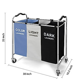 Laundry Sorter 3 Section, 240L Large Laundry Cart with Wheels 3 Hamper Laundry Sorter with Steel Frame and Removable Bag for Dirty Clothes in Laundry Room Bedroom-Blue