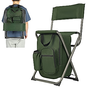 PORTAL Lightweight Backrest Stool Compact Folding Chair Seat with Cooler Bag and Backpack Straps for Fishing, Camping, Hiking, Supports 225 lbs