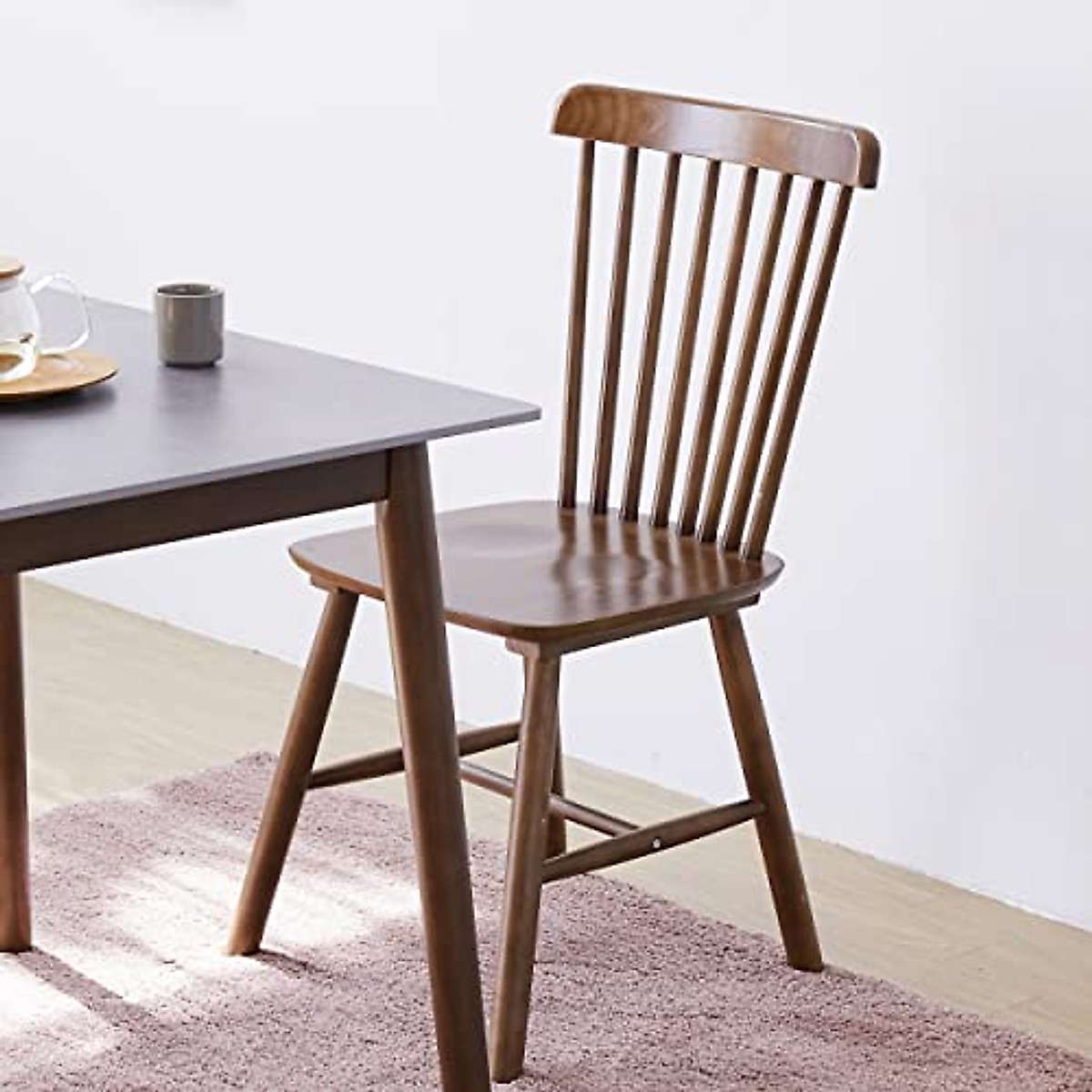 Livinia Aslan Malaysian Oak Dining Chair Set of Two, Country Farmhouse High Spindle Back Wooden Side Chairs (Walnut)