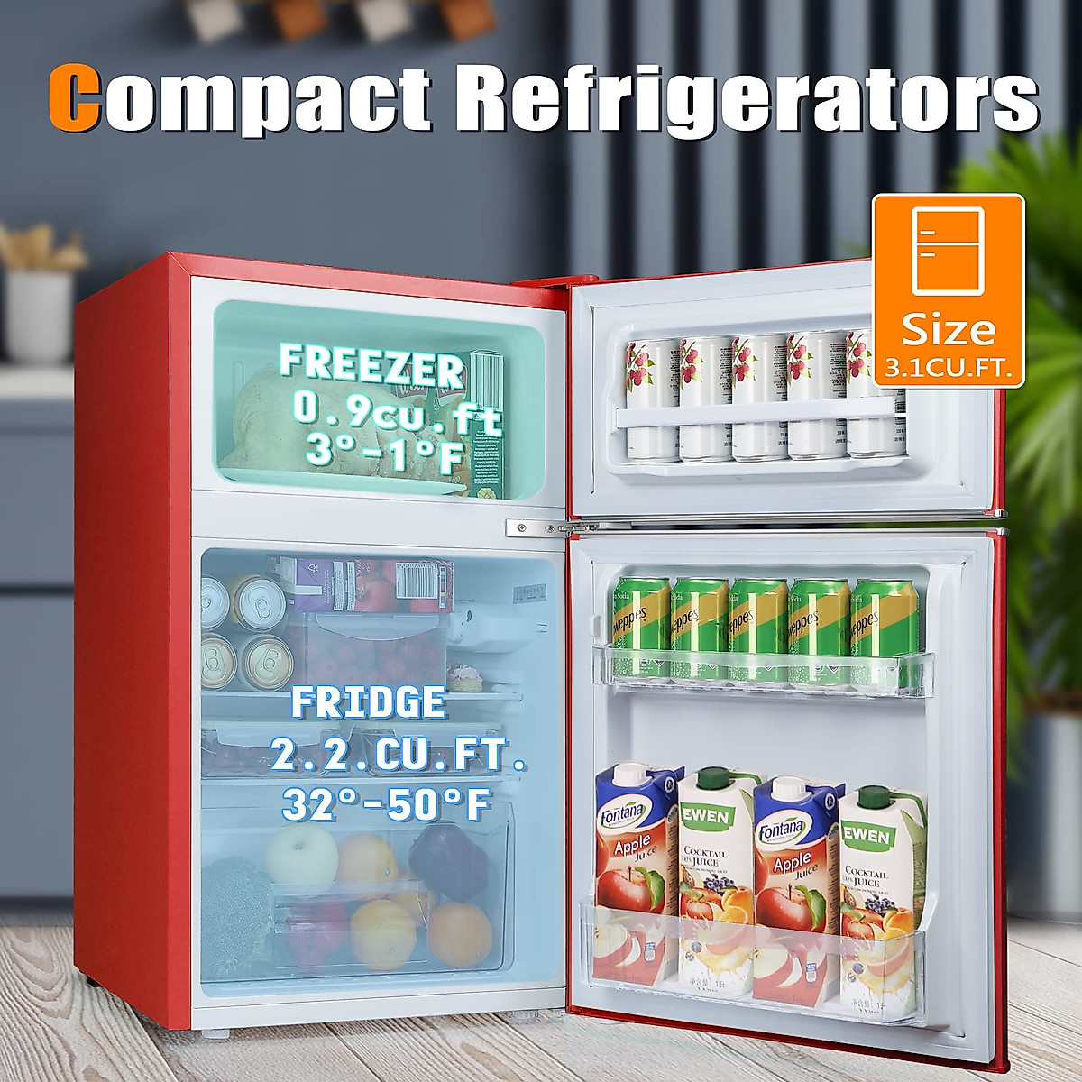 Antarctic Star Mini Refrigerator 3.1Cu.Ft Compact Refrigerator 2-Double Doors with a Freezer Low Noise Defrost Storage of Beverages Vegetables and Fruits for Home Office Dormitory Red