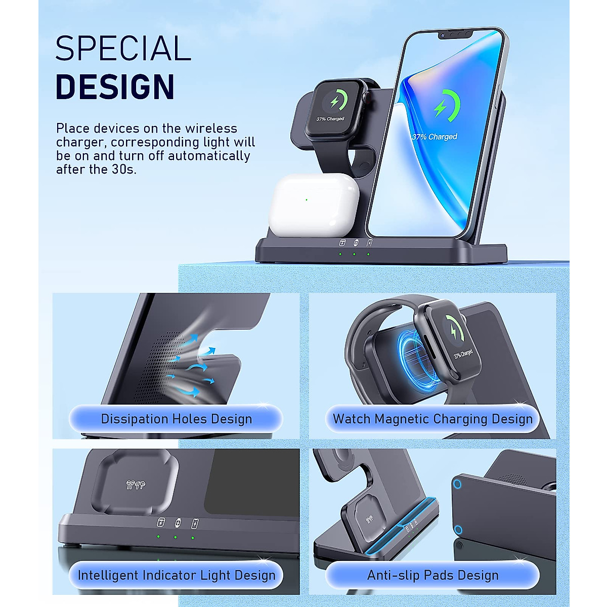 3 IN1 Wireless Charging Station Apple,20W Fast Wireless Charger Stand, iPhone Wireless Charger Station Dock for iPhone14-11/Pro/Max/Mini/X/XR/8/Plus,Airpods Pro/3/2,Apple Watch Series (18W Adapter)