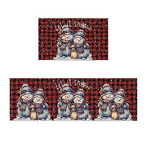 Christmas 2Pcs Kitchen Rugs, Anti Fatigue Kitchen Mat Non Slip Rug Runner Comfort Standing Floor Mats Kitchen Carpet Set for Sink, Laundry - Christmas Cartoon Snowman Red Black Plaid