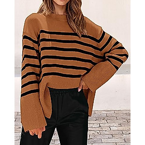 KIRUNDO Women's 2023 Fall Winter Casual Oversized Long Sleeve Striped Sweater Crew Neck Ribbed Knit Side Slit Pullover(Brown, Large)