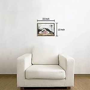 Wooden Picture Art Wall Decor: Rustic Old Barn Artwork American Flag Painting Grey Windmill Prints Landscape for Farmhouse Home Living Room Decoration
