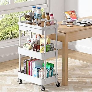 Dttwacoyh 3-Tier Rolling Cart，Trolley with Drawer, Multifunctional Storage Organizer with Plastic Shelf & Metal Wheels, Kitchen Storage Cart for Living Room, Kitchen, Office, Bathroom, White