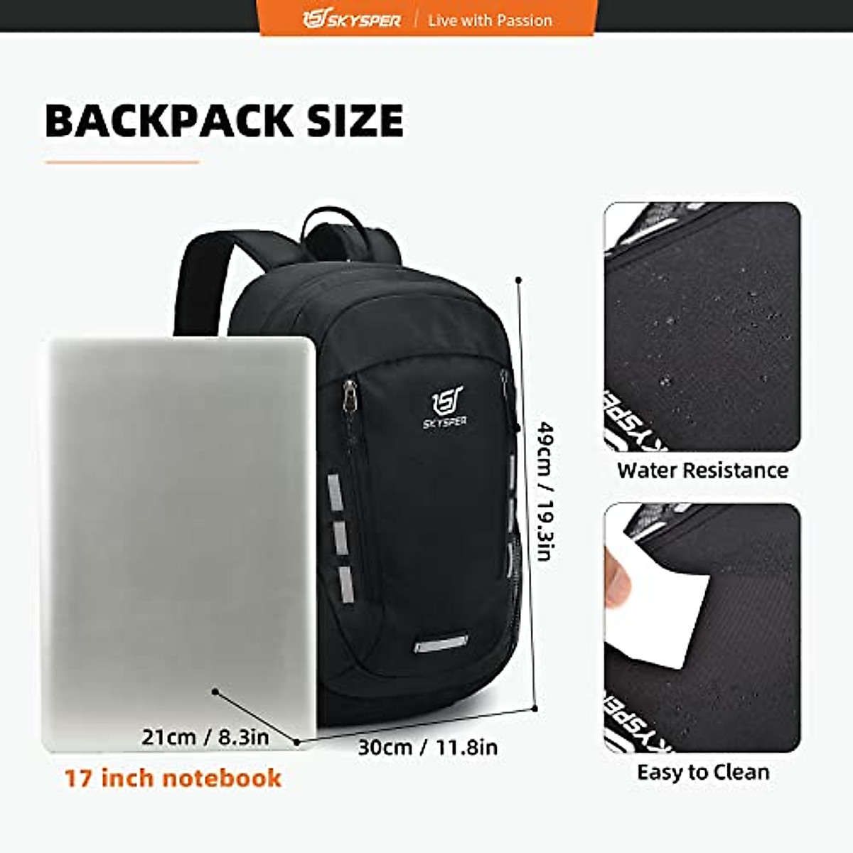 SKYSPER Laptop Backpack 30L Travel Backpack for Women Men Work Business Backpack Bookbag Fits up to 17 Inch Laptop(Black)