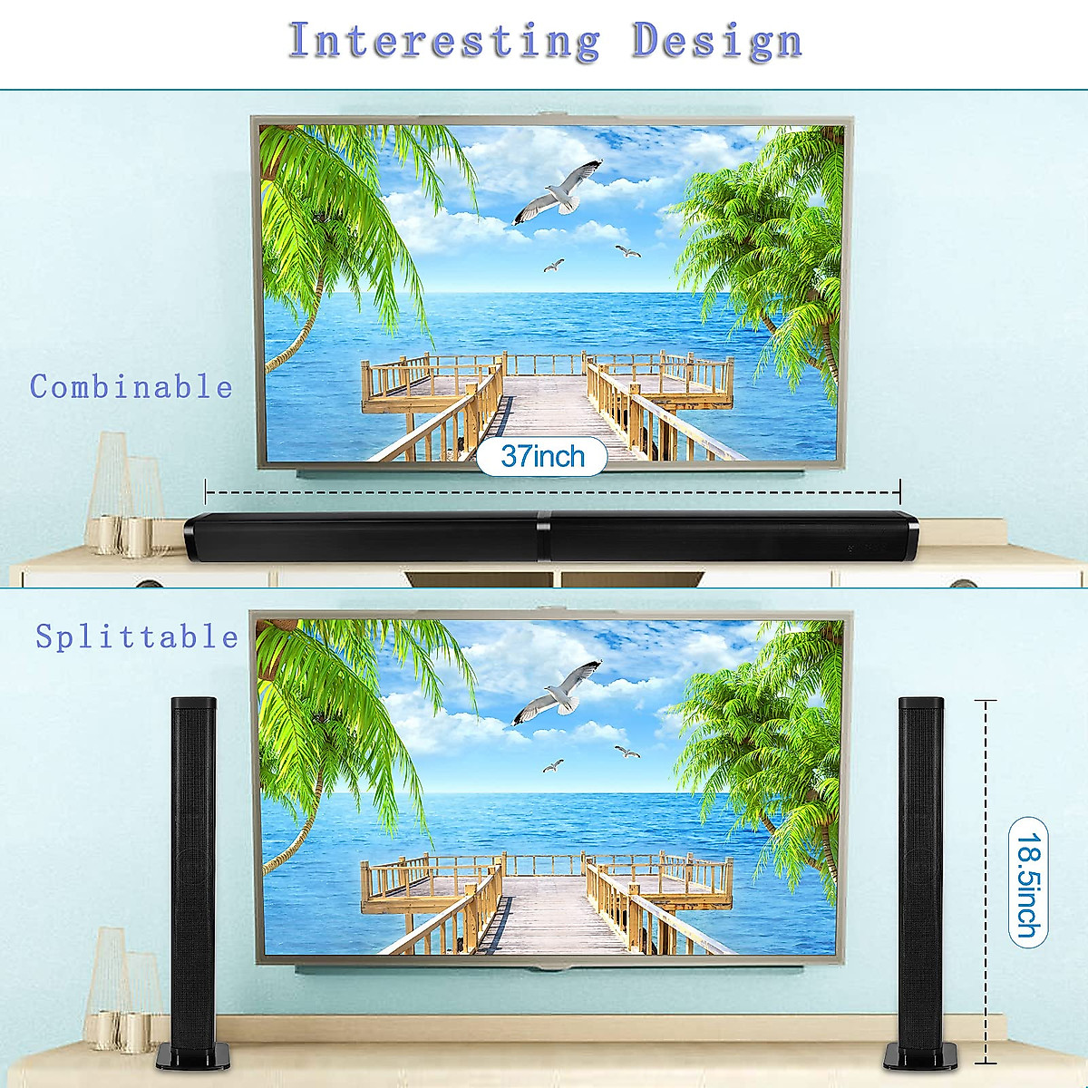 NA TV Sound bar, Bluetooth soundbar Speaker for tv with Surround Sound Home Theater System combinable Desgin, 4 Driver Speakers，tv/pc/Phone/Tablet Connection Remote Control，Wall Mountable