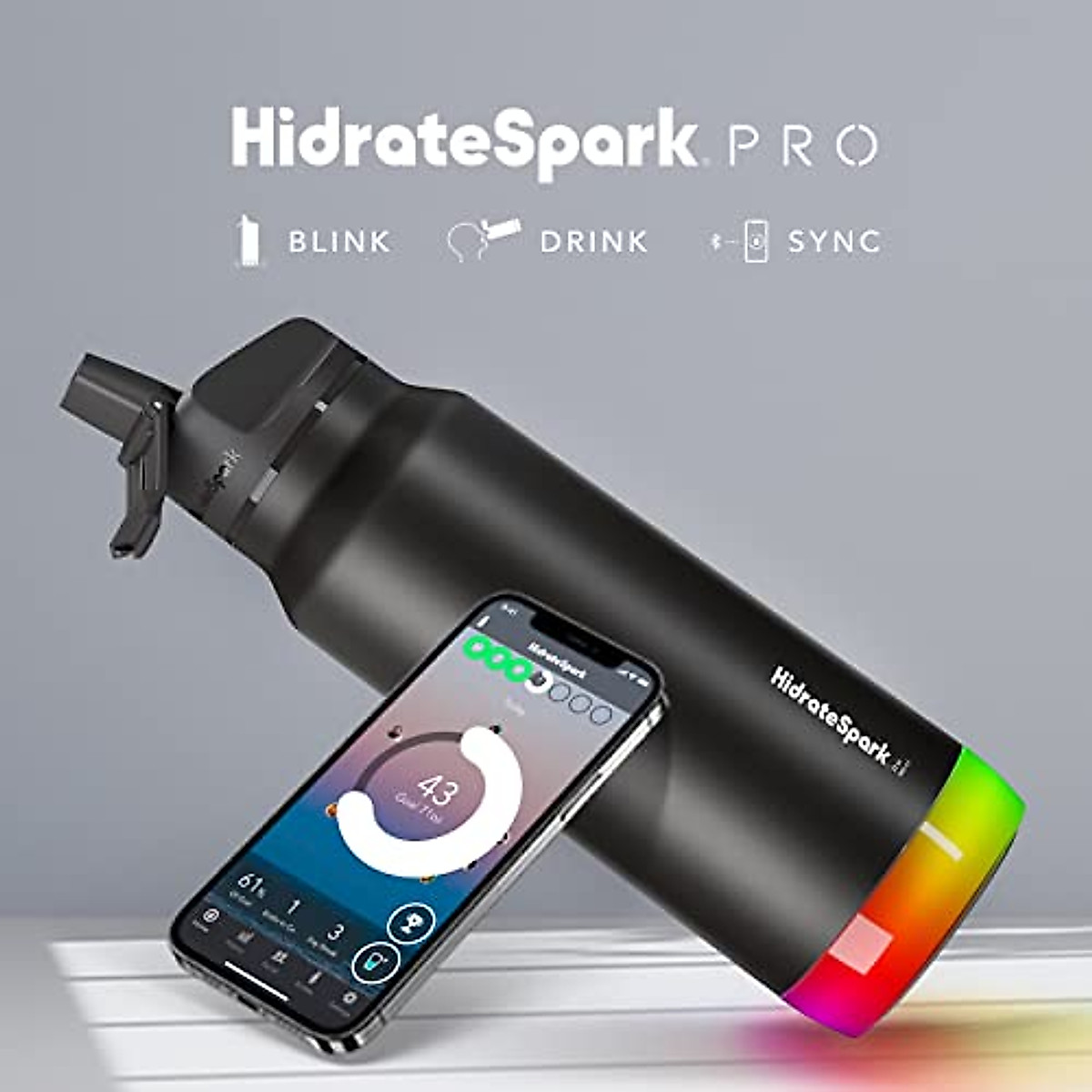 Hidrate Spark PRO Smart Water Bottle – Insulated Stainless Steel – Tracks Water Intake with Bluetooth, LED Glow Reminder When You Need to Drink – Straw Lid, 32oz, Black