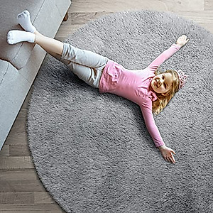 Signature Loom Fluffy Shaggy Area Rug 6 Foot Round – Soft Fuzzy Velvet Rugs for Girls Bedroom – Shaggy Carpet for Kids Room Non-Slip Bottom – Soft Fluffy Throw Rug Indoor Living Room Carpet, Grey
