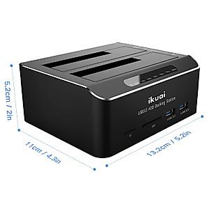 ikuai SATA to USB 3.0 Dual Bay Hard Drive Dock for 2.5"/3.5" SATA HDD SSD with Micro SD Card Reader 2 USB 3.0 Port, Offline Clone Function External Hard Drive Docking Station, 2X20TB and UASP Support