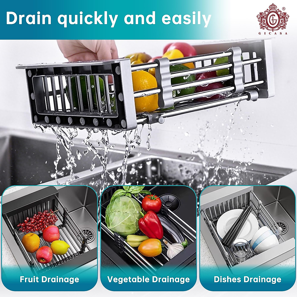 GICASA Adjustable Stainless Steel Drainer Basket Drain Tray for Dish Vegetable Fruit, On Counter Dish Rack or in Sink Over Sink Kitchen Basket Dish Drying Rack