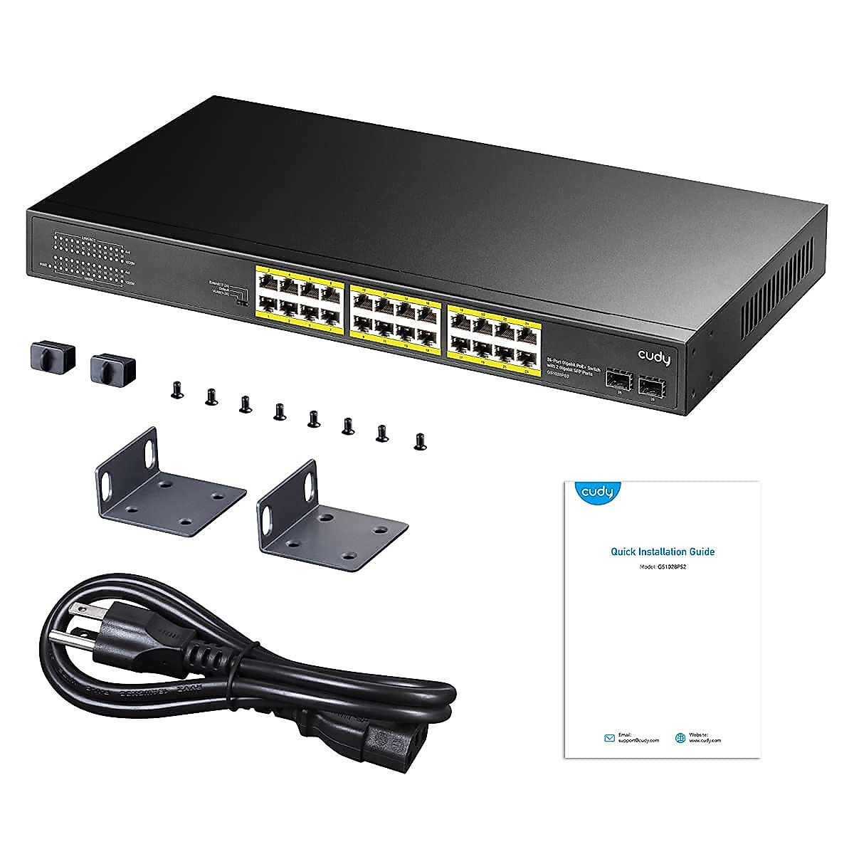 Cudy 24 Gigabit Ethernet Unmanaged PoE+ Switch, 300W, 24 * 100/1000Mbps PoE+ Ports, 2 Gigabit SFP, CCTV / VLAN Mode, 19-inch Rackmount, 802.3af/at, GS1028PS2