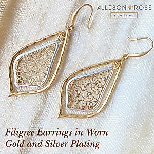 ALLISON ROSE ATELIER – Boho Filigree Two-Tone Dangle Earrings - Exquisite Handcrafted Jewelry for Boho Chic Style - Large Two Tone Worn Gold and Silver Plated Earring Set
