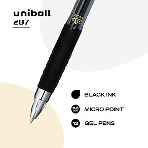uniball Gel Pens, 207 Signo Gel with 0.5mm Micro Point, 12 Count, Black Pens are Fraud Proof