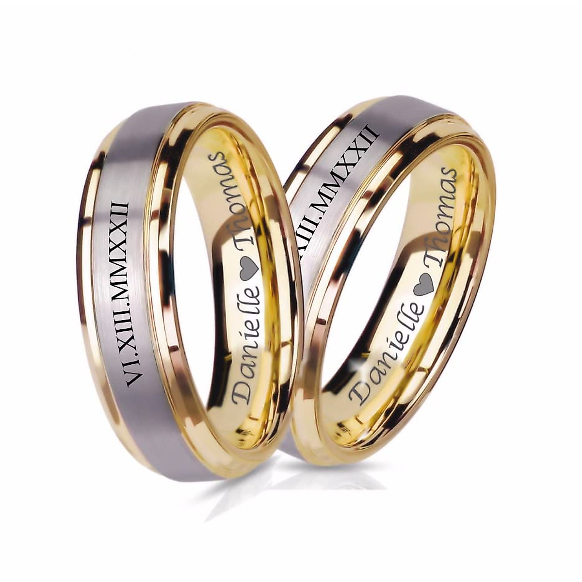 Personalized Stainless Steel Brushed Silver & Gold Ring Set Custom Engraved Free - Ships from USA