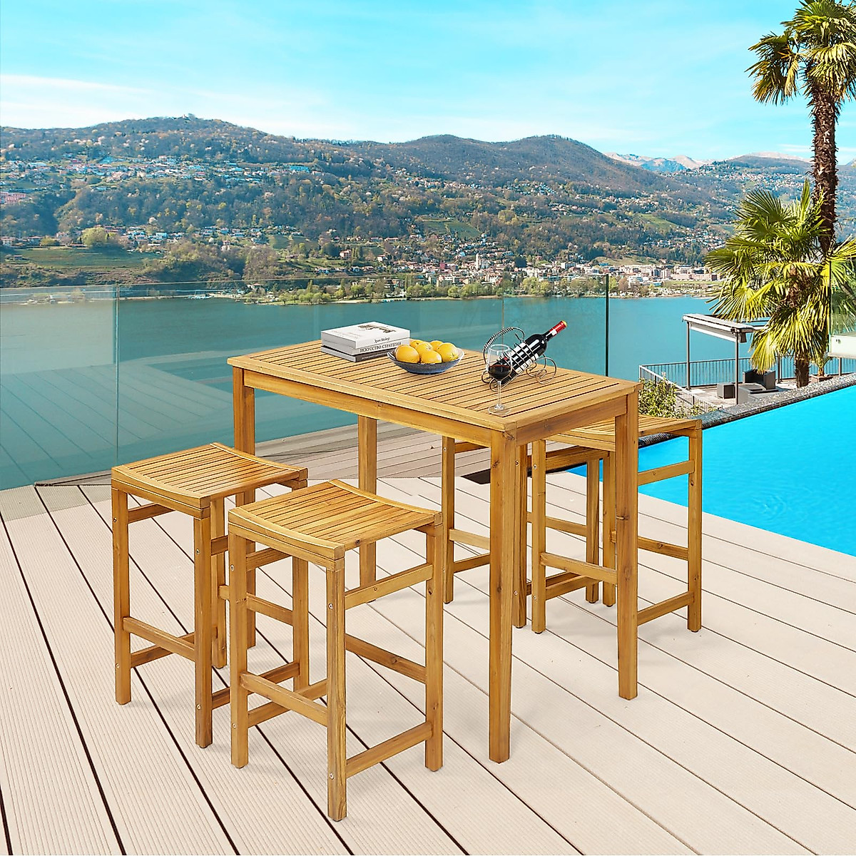 Tangkula 5 Piece Outdoor Acacia Wood Bar Table Set, 45" Rectangular High Top Table with 4 Saddle Seat Bar Height Stools, Space-Saving Patio Dining Set for 4, for Deck, Garden and Porch