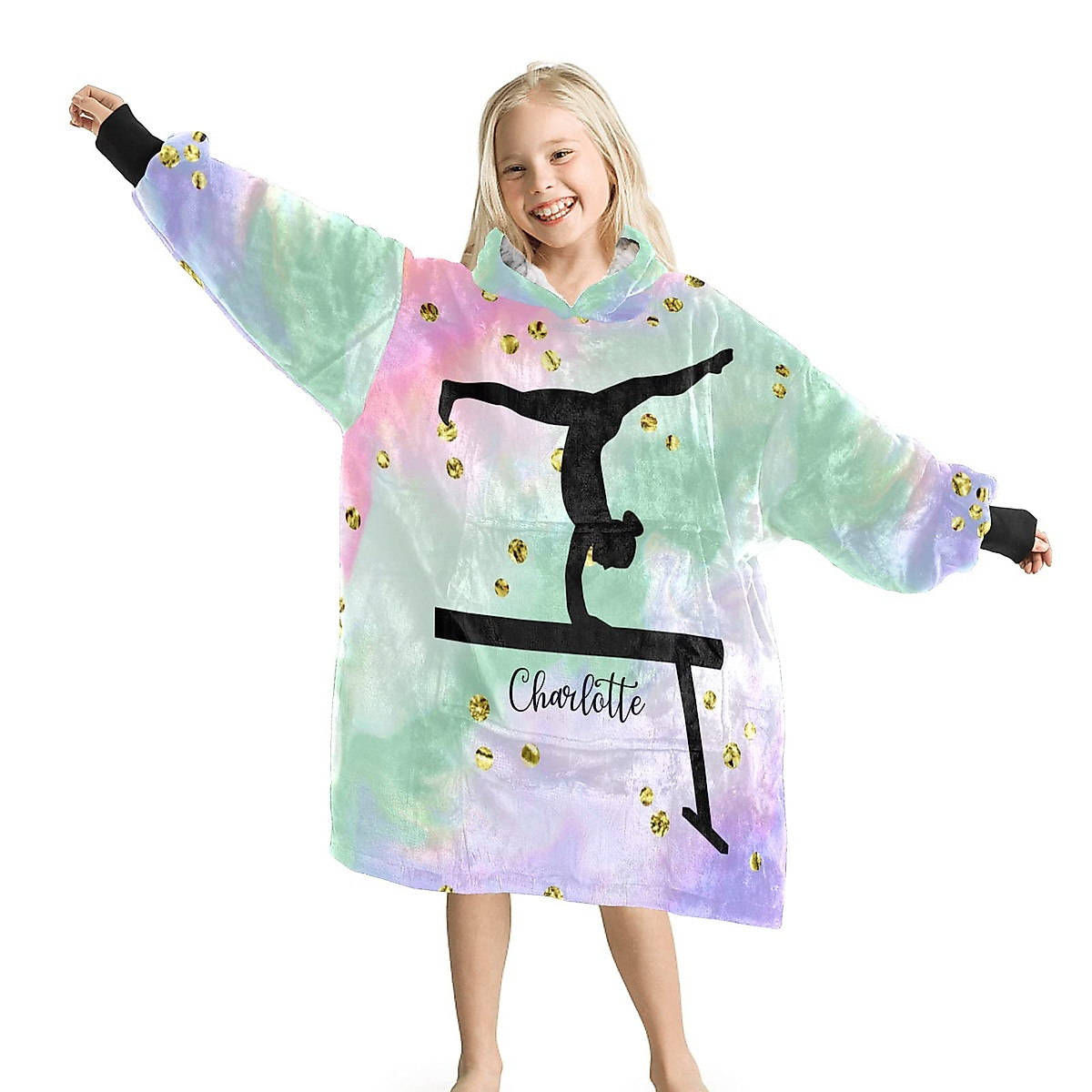 Gold Dots Girl Gymnast Custom Wearable Blanket Hoodie Sweatshirt with Pocket, Flannel Sherpa Warm Blanket for Children