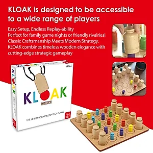 ROO Games Kloak - Wooden Strategy Board Game for Kids and Adults - for Ages 8-9-10-11+ - Kloak and Unkloak to Get Three in A Row - Premium Wooden Game