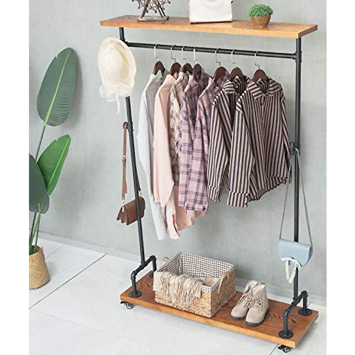 BIXIRAO Industrial Pipe Clothing Rack on Wheels, Rolling Iron Garment Racks with Wood Shelves, Commercial Heavy Duty Clothing Racks, Steampunk Clothes Rack Retail (Two Tiers 002)