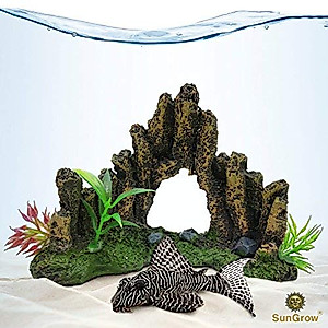 SunGrow Decorative Aquarium, Hermit Crab, Leopard Gecko Cave, 3 5" x 5", 2 5", Artificial Stone Decor, Includes 3 Plastic Plants