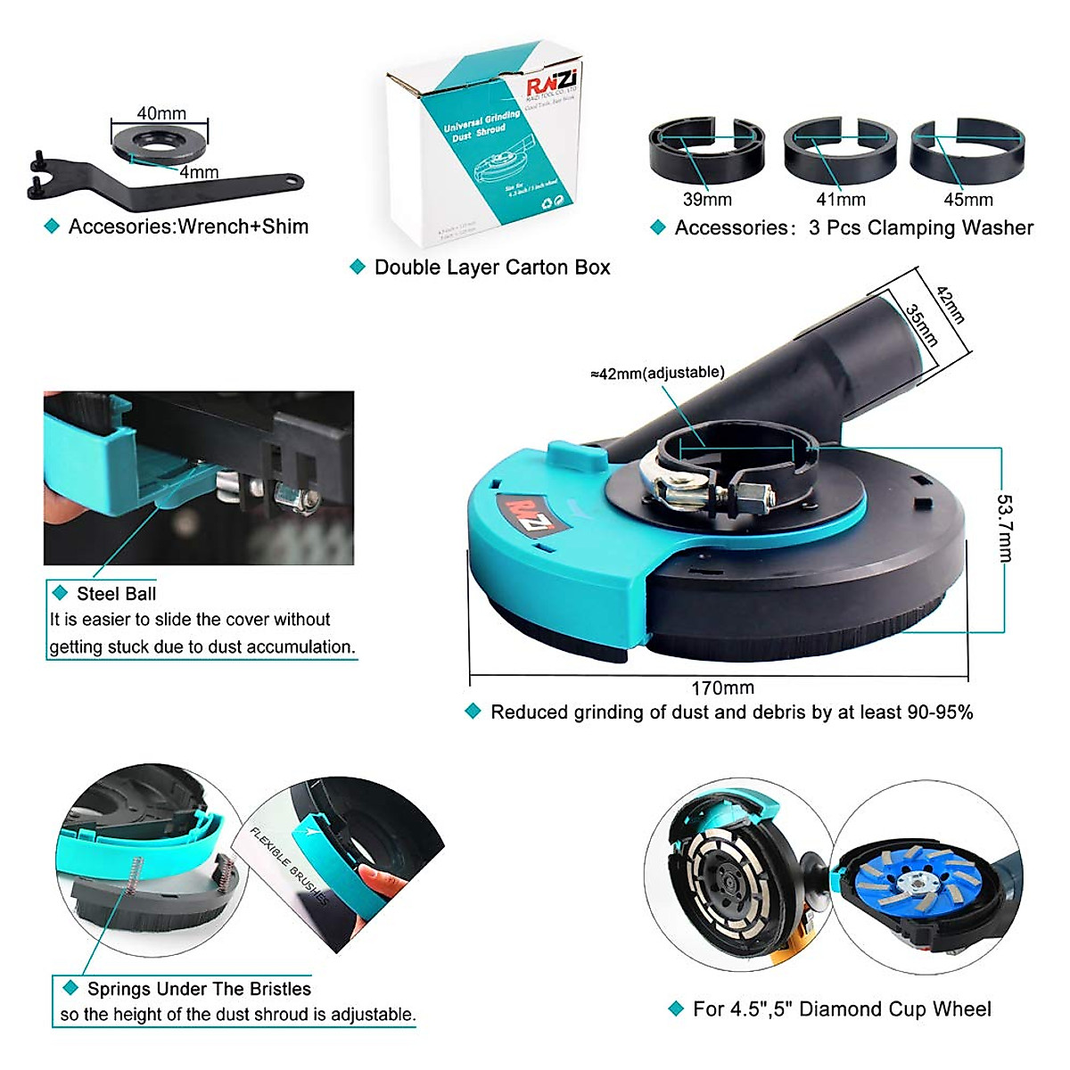 Raizi 5 inch Universal Surface Grinding Dust Shroud Hand Angle Grinder+5 inch Diamond Grinding Cup Wheel