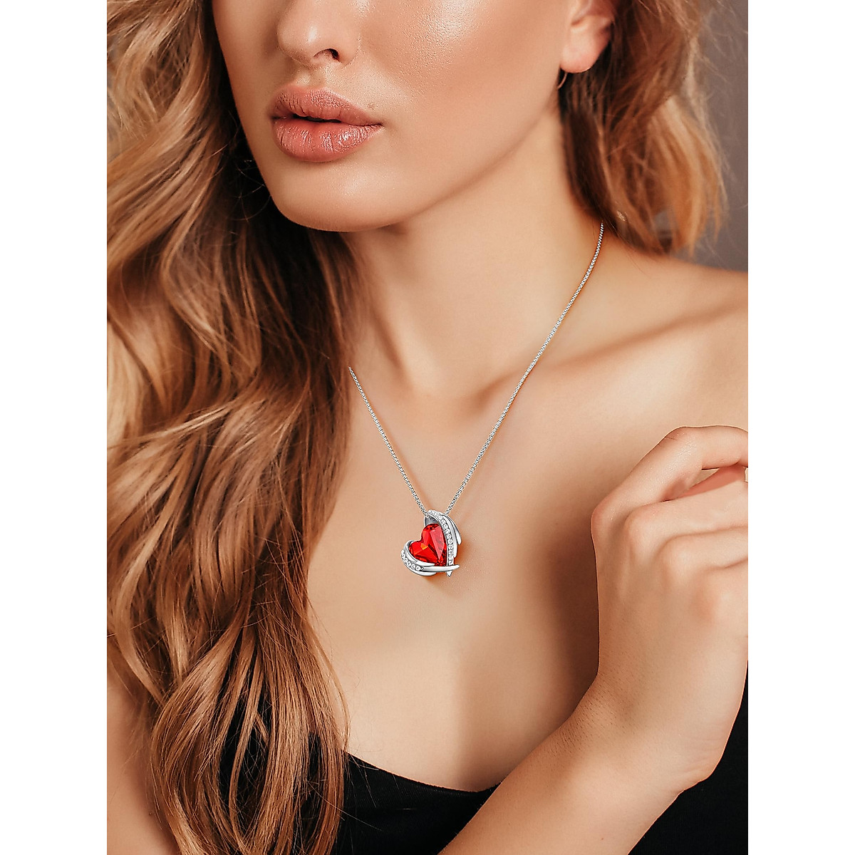 CDE Love Heart Pendant Necklaces for Women Silver Tone Rose Gold Tone Birthstone Christmas Jewelry Gifts for Women Birthday/Anniversary Day/Valentine's Day (Crystals, White Gold Plated-01 & 07-January & July Ruby Red Siam Garnet)