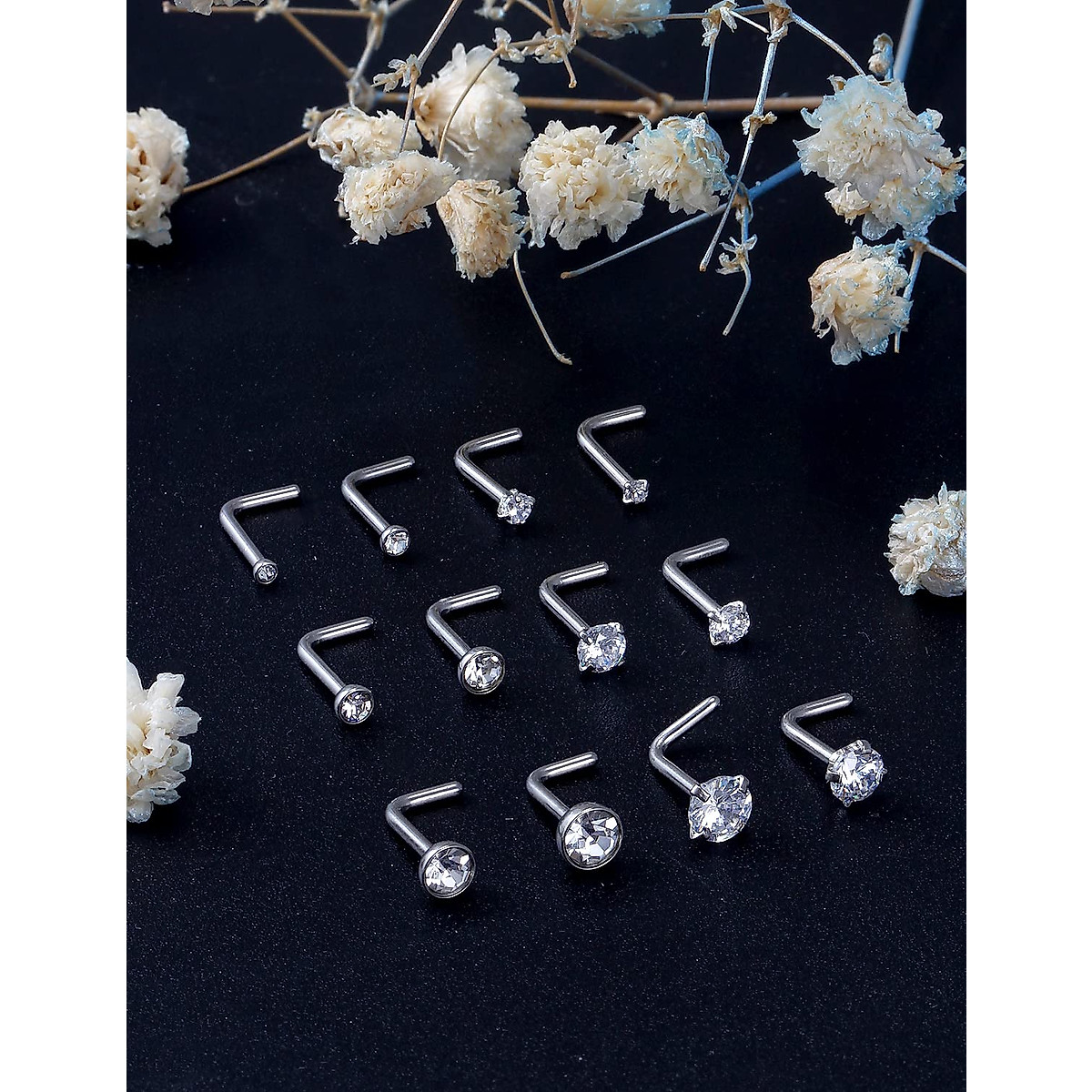 Uzgtvy 20G Nose Rings Studs for Women 316l Stainless Surgical Steel Silver L Shaped Bend Hypoerallgenic Diamond Nose Nostril Ring Body Piercing Jewelry for Women Men 1.5mm 2mm 2.5mm 3mm 3.5mm 4mm