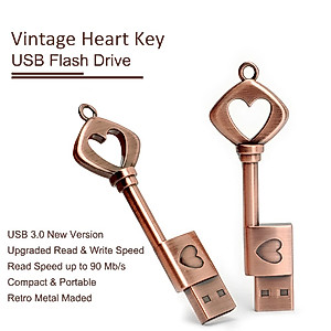 64GB USB 3.0 Flash Drive, BorlterClamp Memory Stick Retro Metal Love Heart Key Shaped USB Drive Thumb Drive