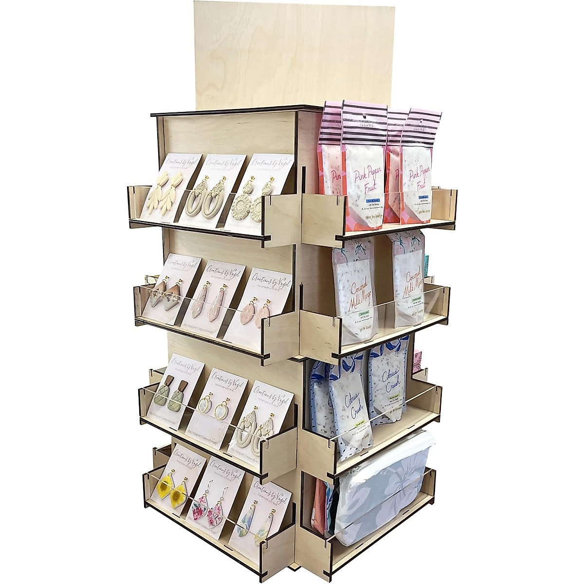 4-Sided Rotating Display Stand - Craft Shows, Trade Shows, Markets - Small & Medium-Sized Items like Stickers, Postcards, Coasters, Note Pads, Napkins - Heavy-Duty, Easy to Assemble (Natural)…
