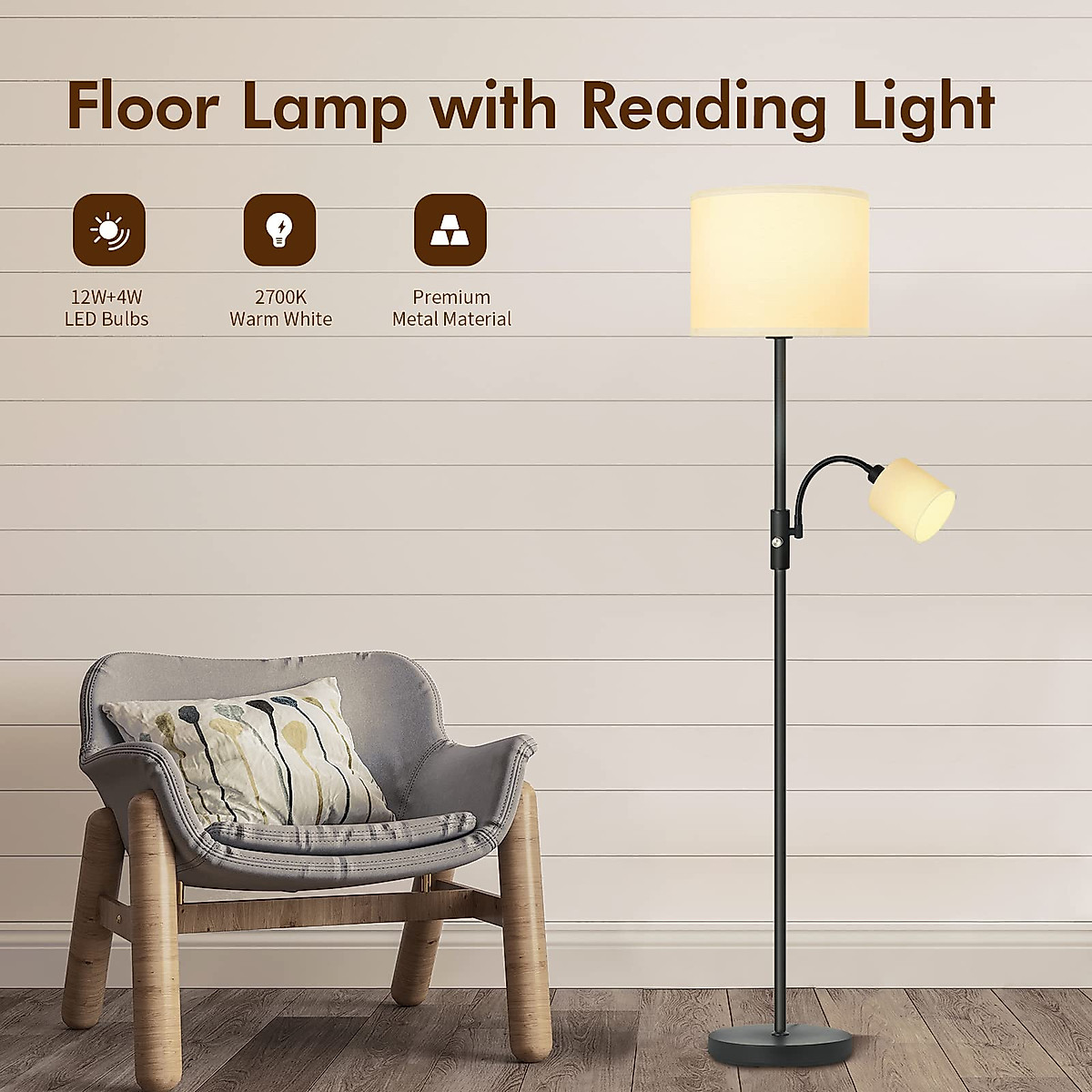 AUQUEE Floor Lamps for Living Room, Standing Tall Lamp with Reading Light, Black Bright Pole Lamp with 12W LED Bulb, 3-way Rotary Switch, Modern Corner Lamp for Bedroom Study Room for Christmas(White)
