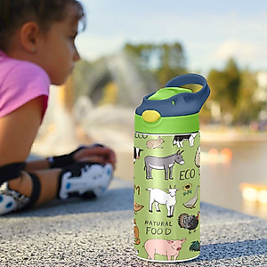 Kigai Farm Animals Kids Water Bottle, BPA-Free Vacuum Insulated Stainless Steel Water Bottle with Straw Lid Double Walled Leakproof Flask for Girls Boys Toddlers, 12Oz