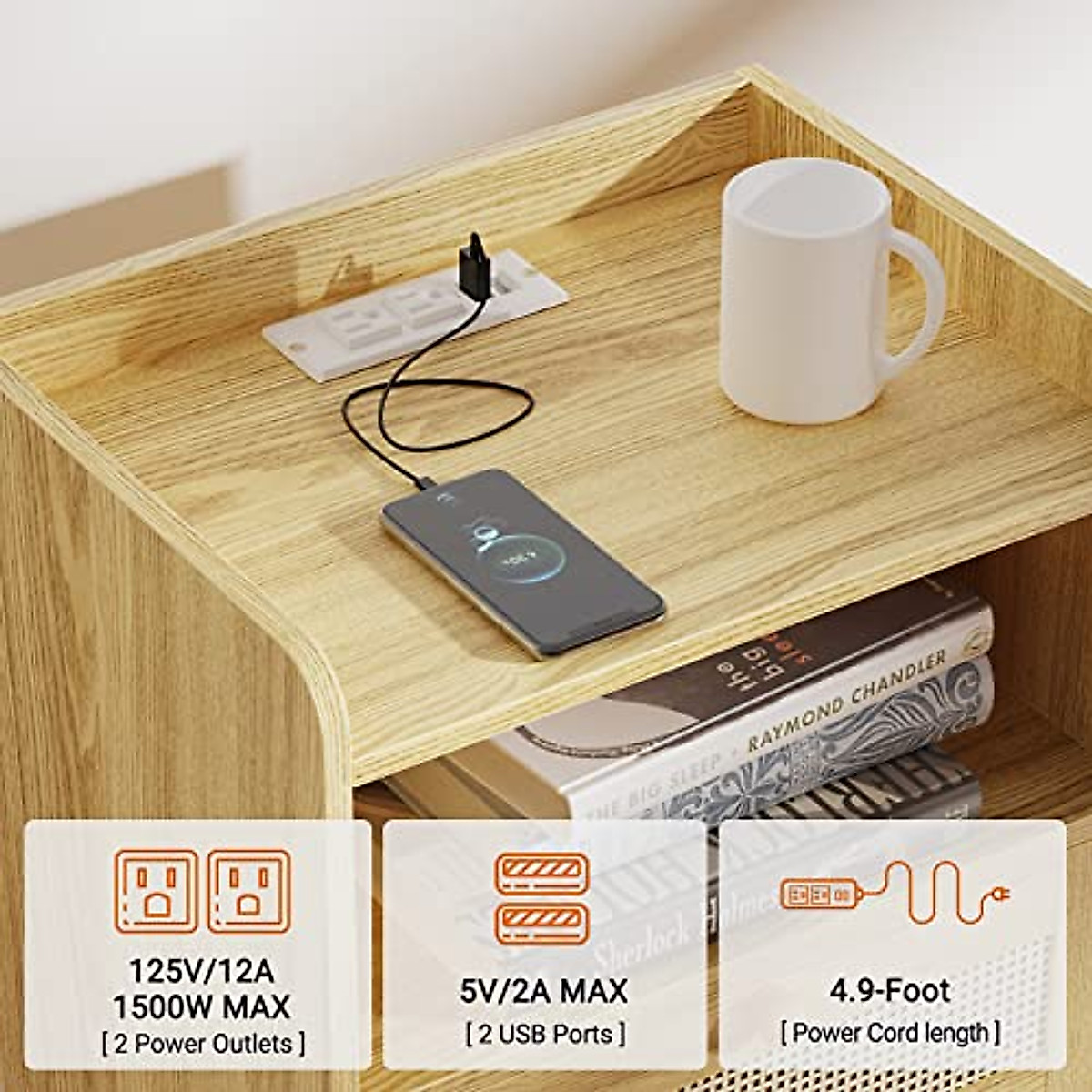 SUPERJARE Nightstands Set of 2, Night Stands with Charging Station & PE Rattan Decor Drawer, Bed Side Tables with Solid Wood Feet, End Table, for Bedroom, Living Room - Natural