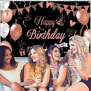 KOKAR Happy Birthday Decorations Banner, Large Black and Rose Gold Happy Birthday Banner Sign, Happy Birthday Backdrop for Girls Women Birthday Party Decorations