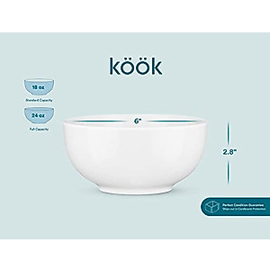 KooK Ceramic Cereal Bowls, Microwave, Dishwasher and Freezer Safe, Porcelain Dishes for Soup, Pasta, Salad, Oatmeal, Deep Interior, 24 oz (White 6 Inch)